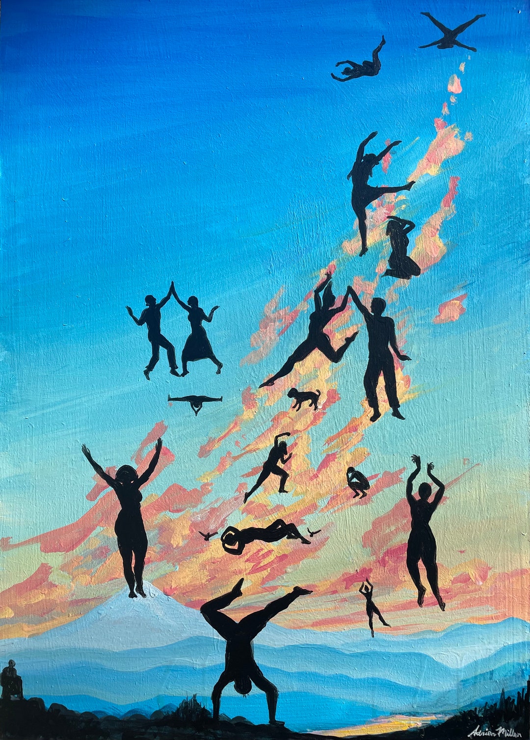 Ecstatic Dance in the Sky, Original Acrylic Figure Painting Art Dancers ...