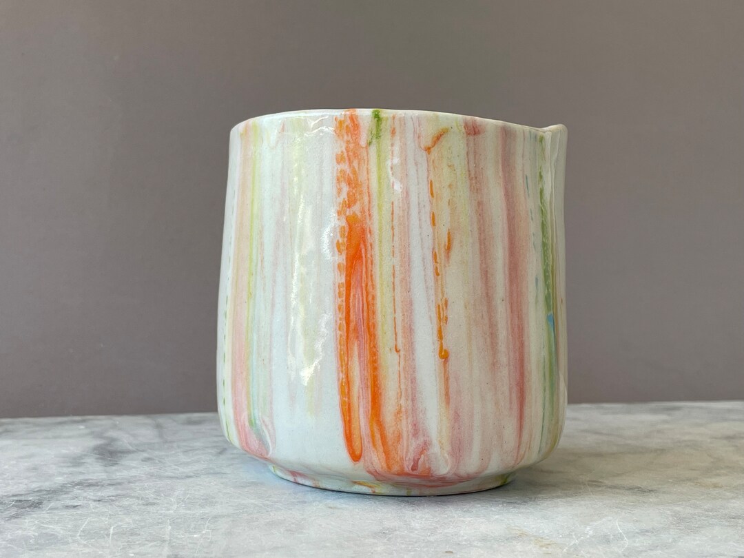 Colorful Pour Painted Cup, Drippy Marbled Colored Slip Pottery Fluid ...