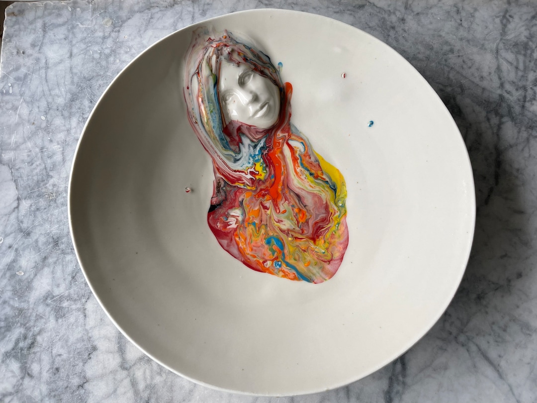 Face Bowl Art Pottery Sculpture Relief Serving Vessel, Fluid Colored ...