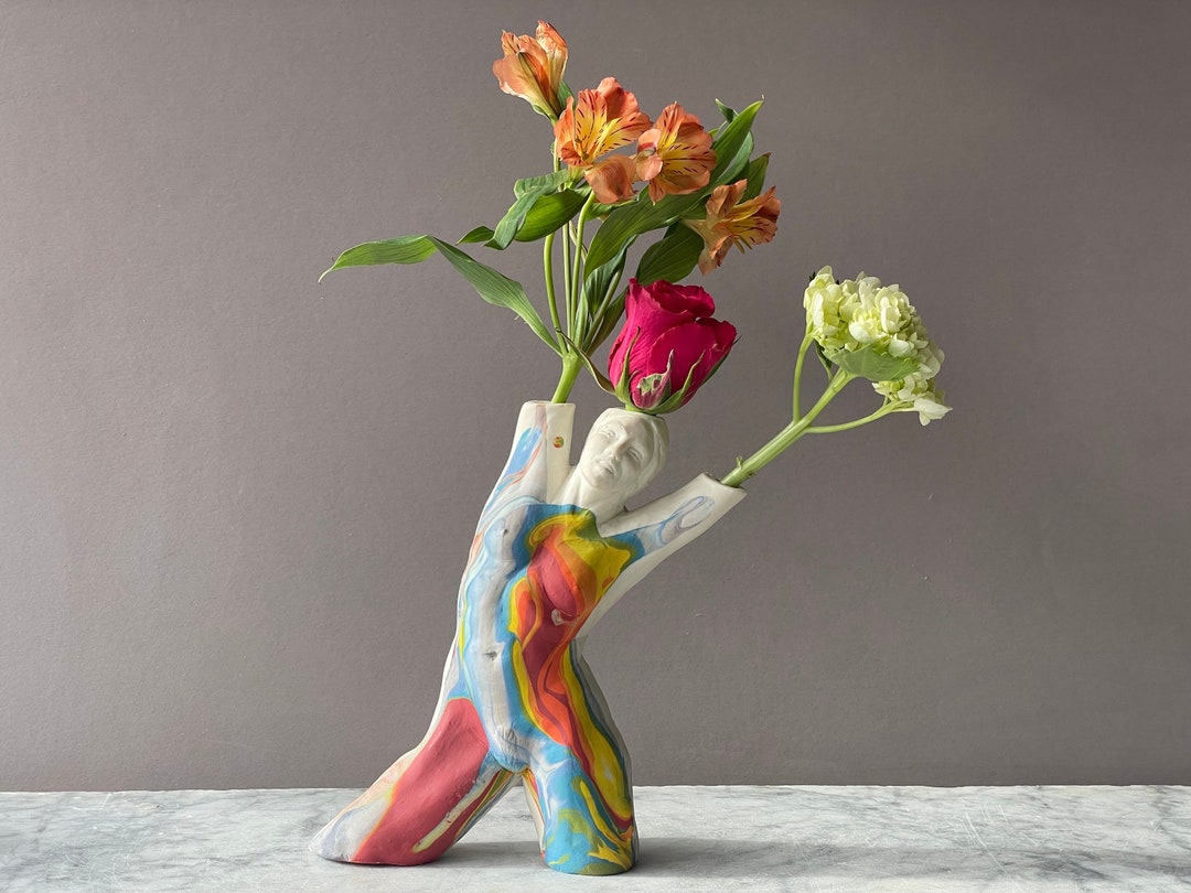 Body Painted Figurine Bud Vase Sculpture, Female Figure Vessel Erotic ...