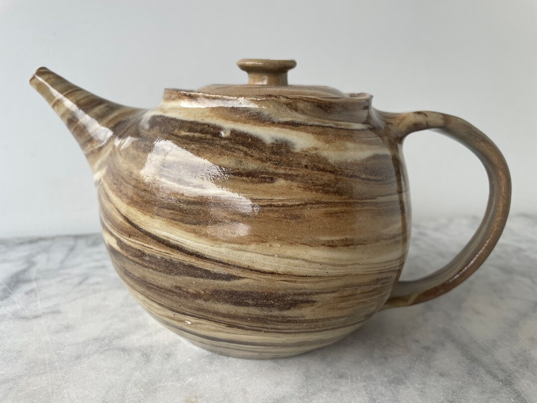 Marbled Jupiter Teapot, Clear Glazed Agateware Ceramic Pottery Vessel ...