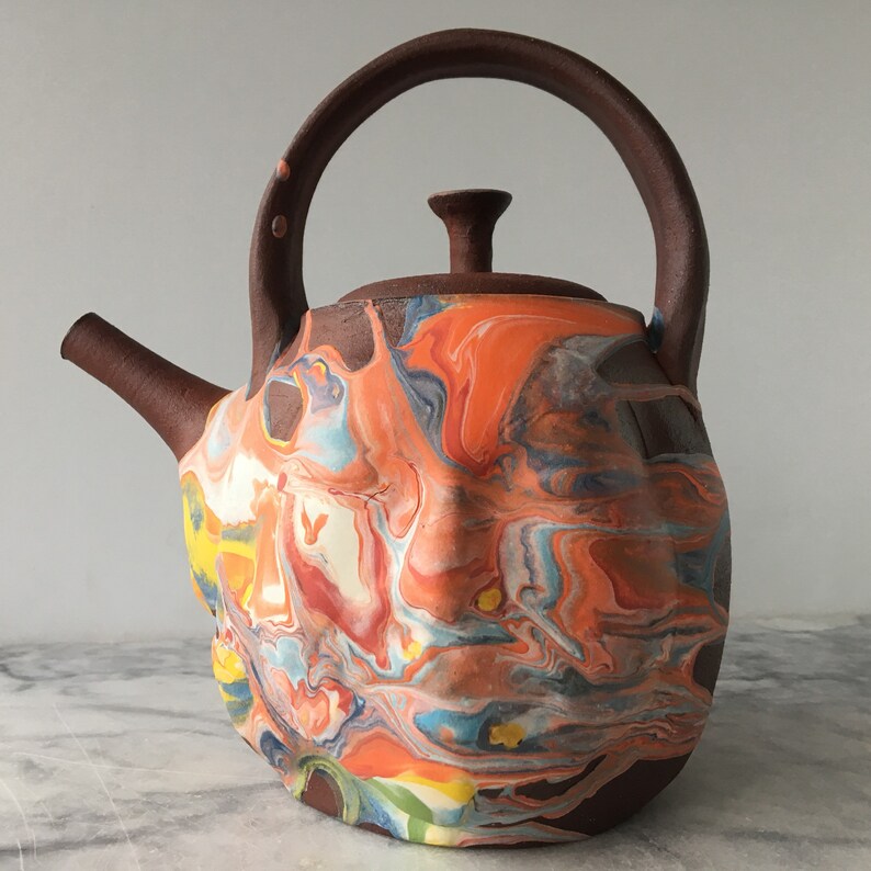 Colorful face teapot sculpture pottery head vessel marbled | Etsy