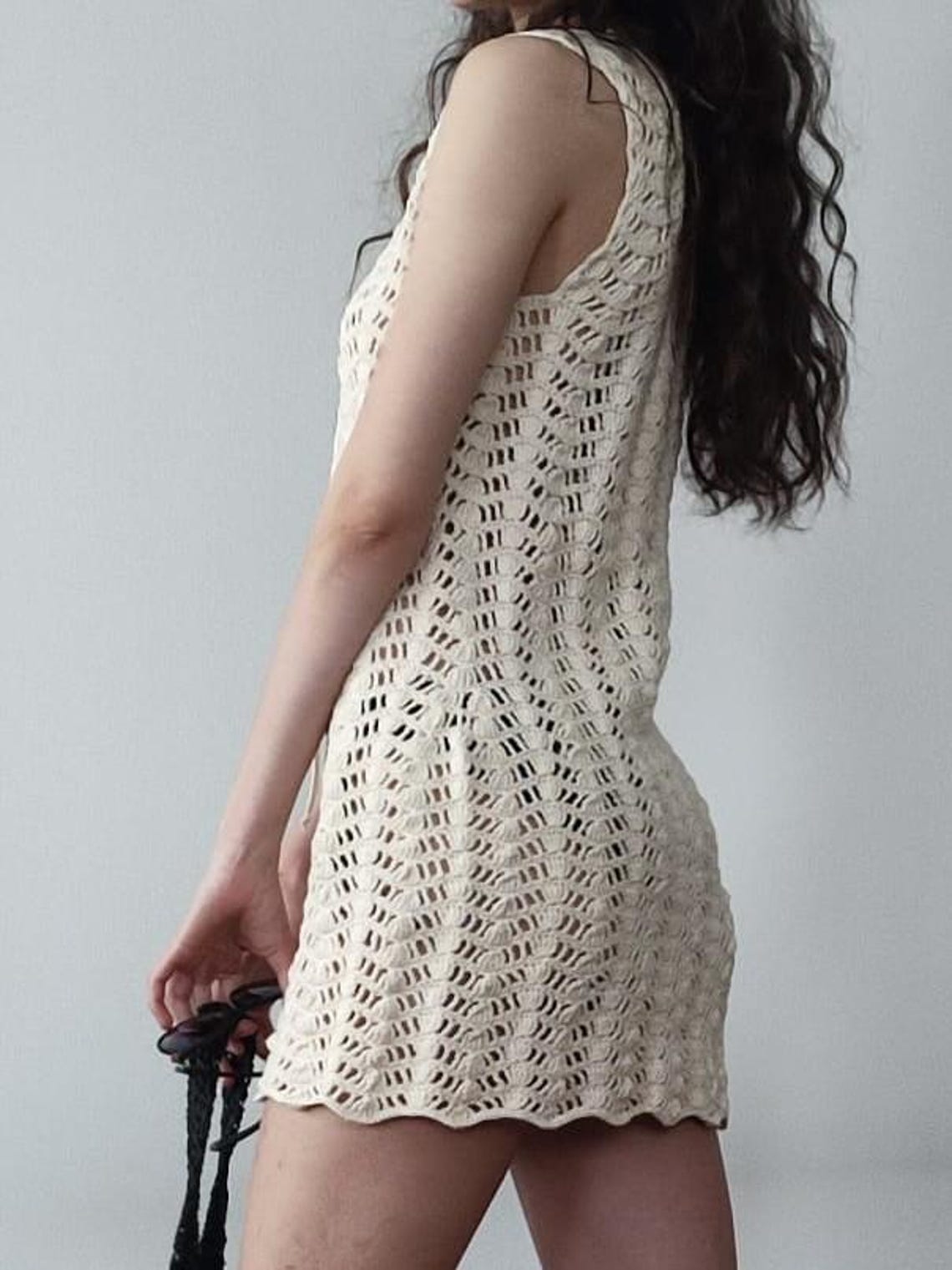Women Crochet Dress, Sleeveless Dress, Low Cut Neckline Dress, Festival ...