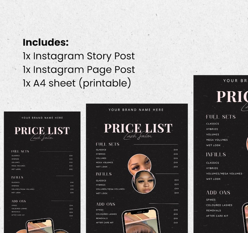 Lash Tech Pricelist Template Bundle | Editable Instagram Story Template ...