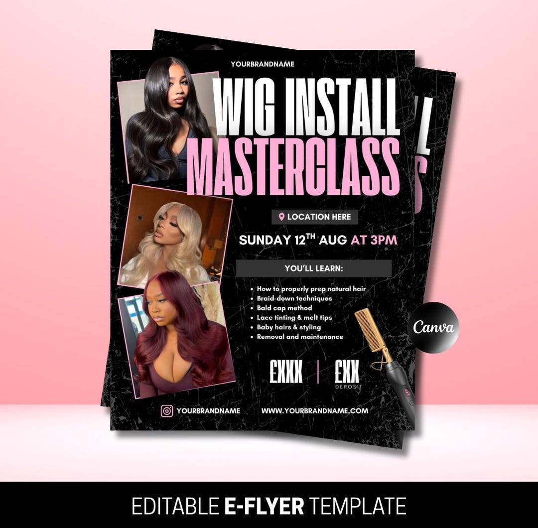 Wig Install Masterclass Flyer Template | Editable Hairstylist Class Flyer | Hair Training ...