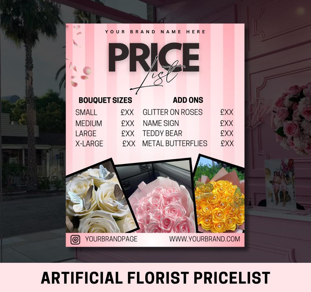 Florist Pricelist Editable Template, Canva, Artificial Flowers, Flower ...