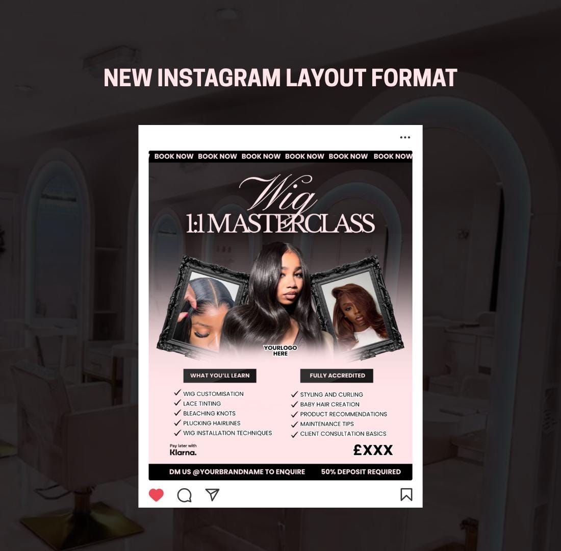 Wig Masterclass Editable Flyer Template | Hairstylist Wig Install 1:1 ...