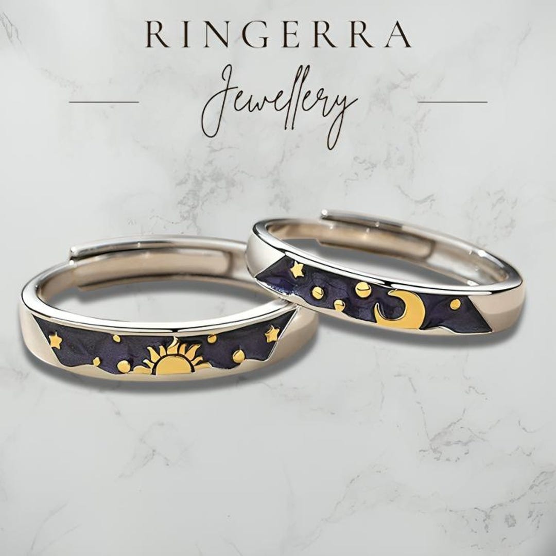 Sun and Moon Adjustable Couple Rings, Resizable Promise Rings, Promise ...