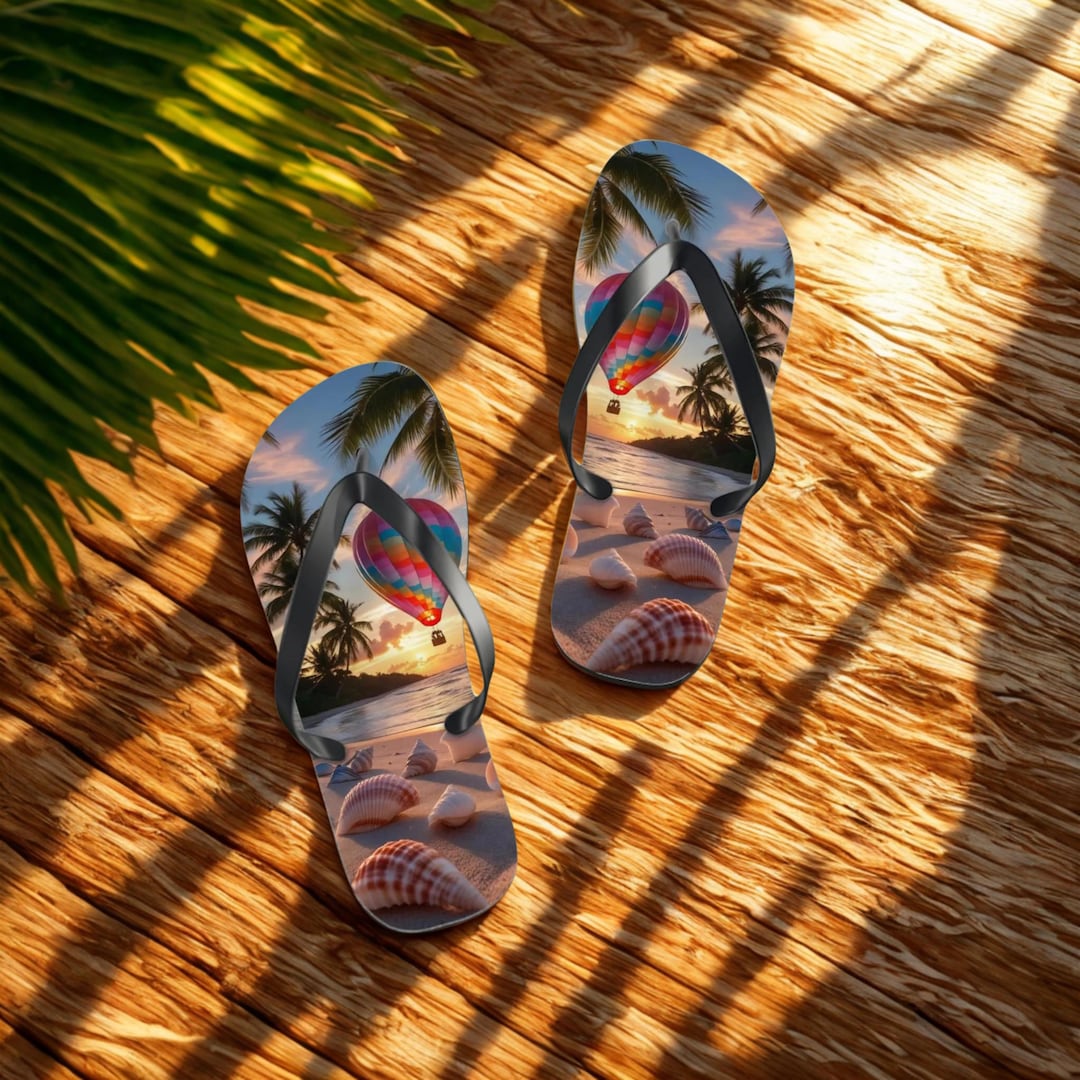 Tropical Sunset Flip Flops: Beach & Hot Air Balloon Design - Etsy