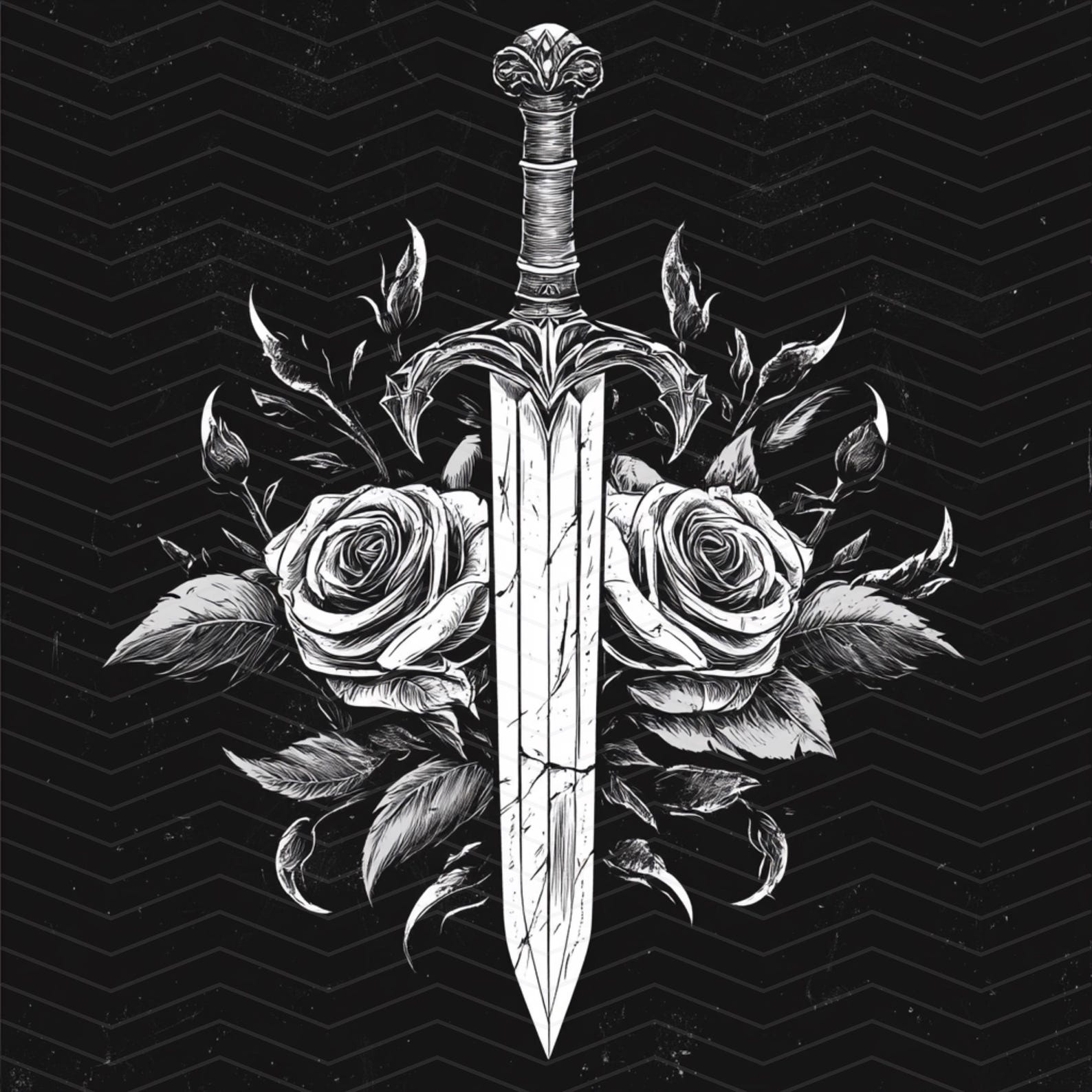 Monochrome Sword and Roses Digital Art - Romantic Fantasy Black and ...