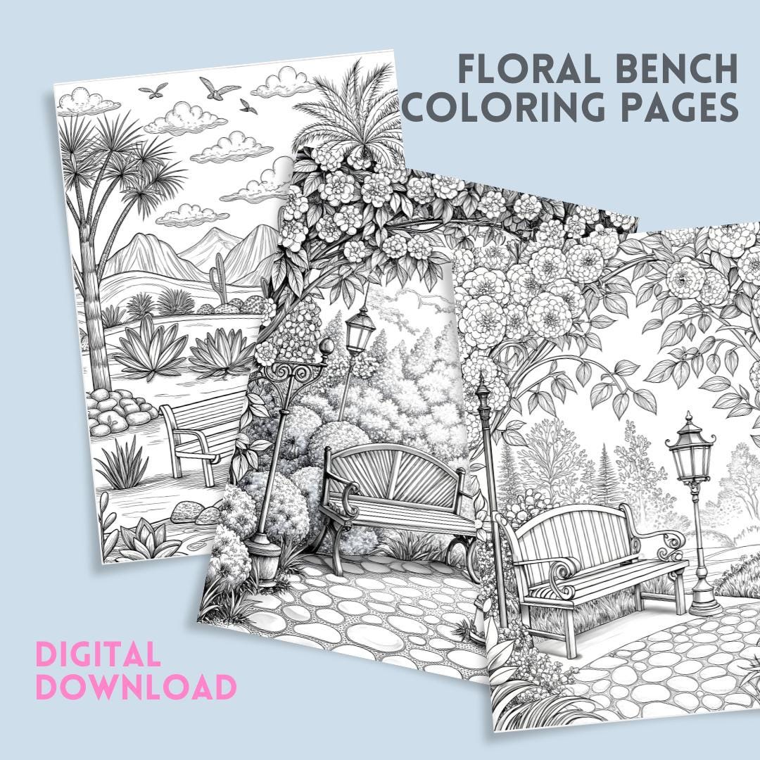 30 Floral Bench Coloring Book, Printable Enchanted Fantasy Garden ...