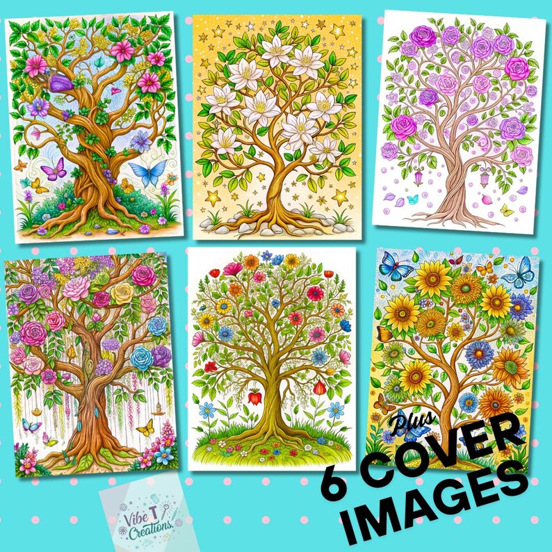 40 Floral Tree Coloring Book, Printable Enchanted Fantasy Tree Coloring ...
