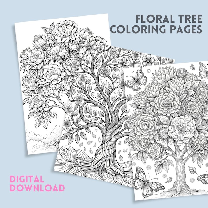 40 Floral Tree Coloring Book, Printable Enchanted Fantasy Tree Coloring ...