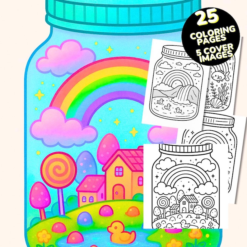 Rainbow Jar Coloring Book, Kawaii Illustration (PDF Pattern) - Etsy