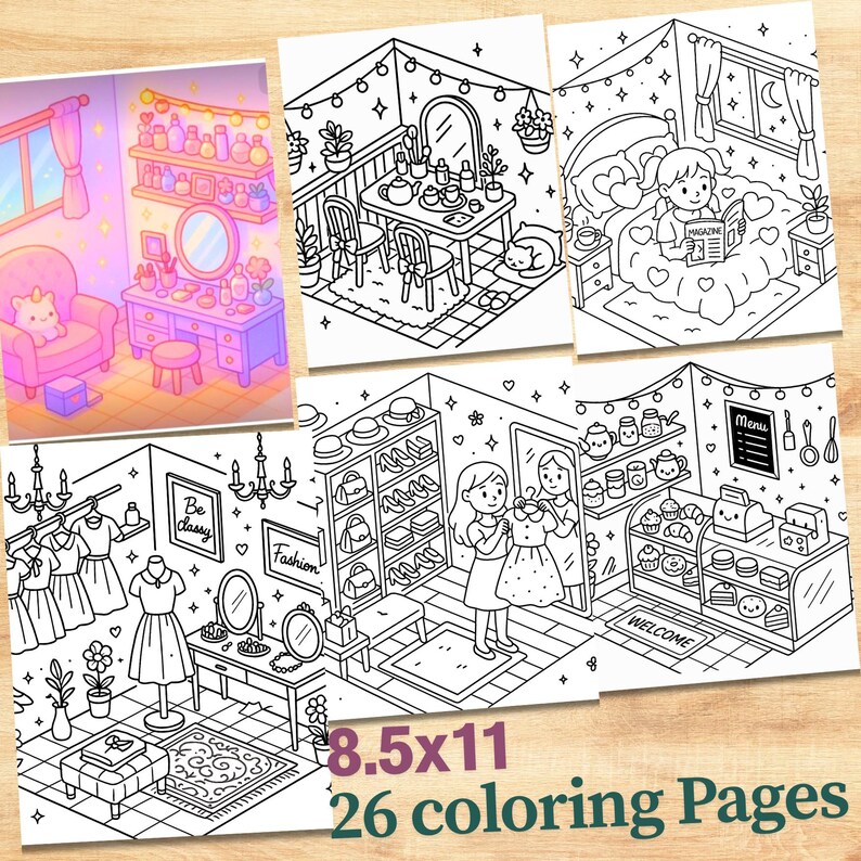 Girly Corner Coloring Book, Kawaii Cozy Designs (PDF) - Etsy