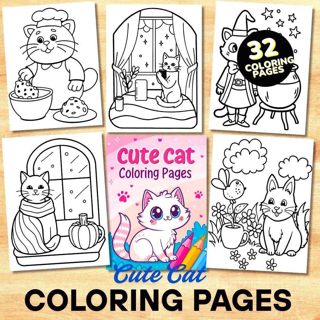 Kawaii Cat Coloring Book | 32 Kitten Designs (PDF - Etsy