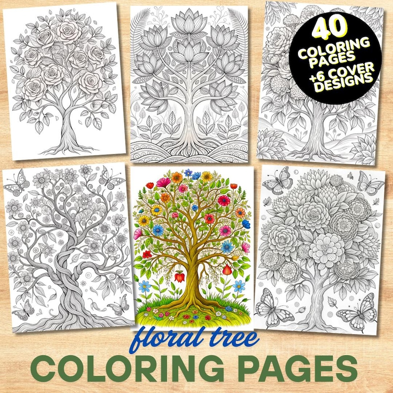 40 Floral Tree Coloring Book, Printable Enchanted Fantasy Tree Coloring ...