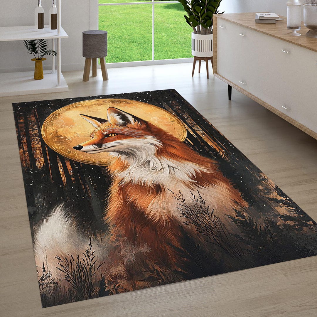 Fox Rug,red Fox,animal Figured Rug,moonlight,star Rug,cute Rug,leaf Rug ...