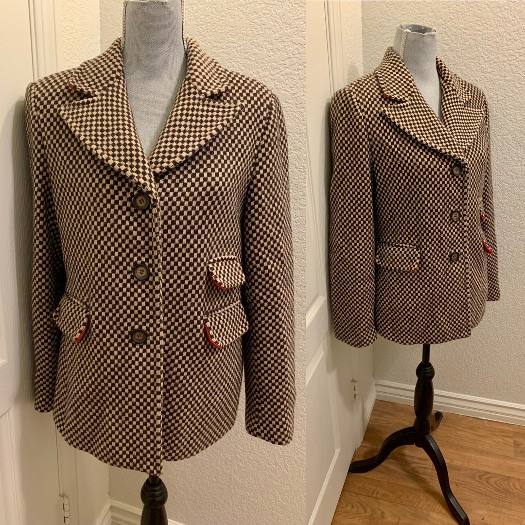 Mid Mod 70s Kenar Equestrian Style Jacket Tailored Woven Brown & Tan ...