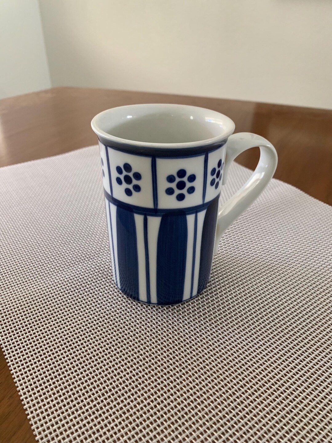 70s Dansk Tall Coffee Mug Thick Cobalt Blue Stripes & Dotted Flowers ...