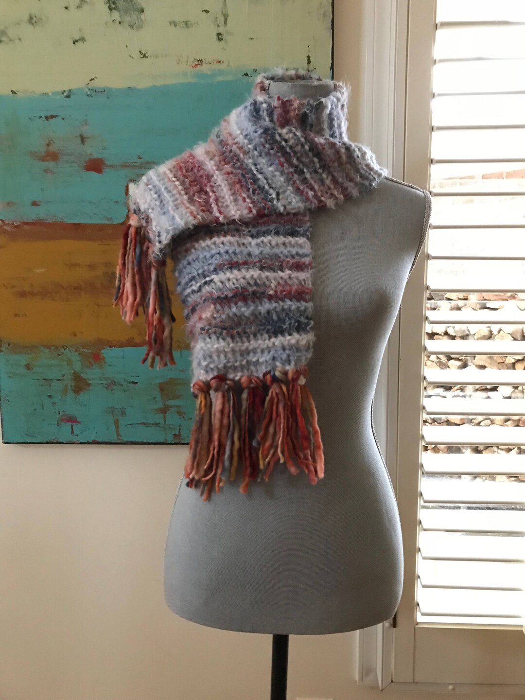 Handknit Rich Hippie Scarf With Chunky Boho Fringe in Fluffy Multicolor ...