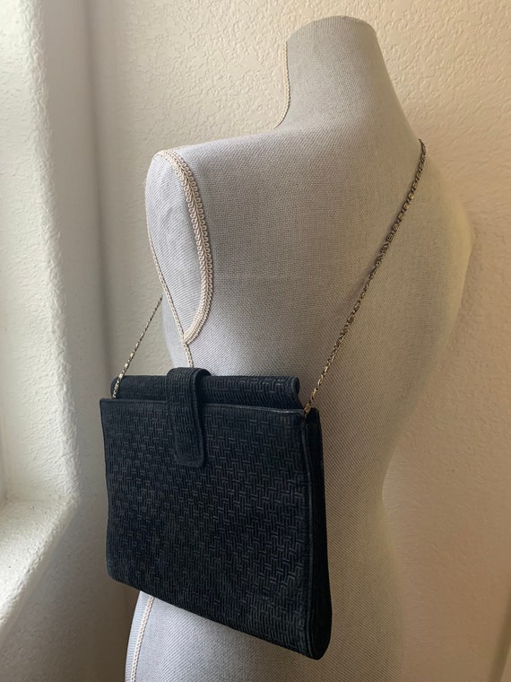 RARE 70s Halston Signature H Black Suede Shoulder Cha… - Gem