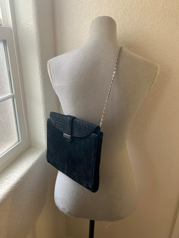 RARE 70s Halston Signature H Black Suede Shoulder Cha… - Gem