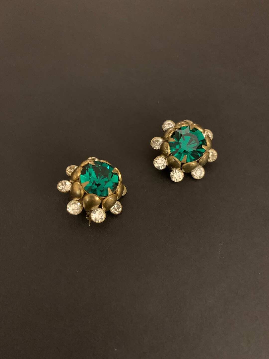 Fab 50s Vintage Scatter Pins Pair Green Rhinestone Flower Brooches Old ...