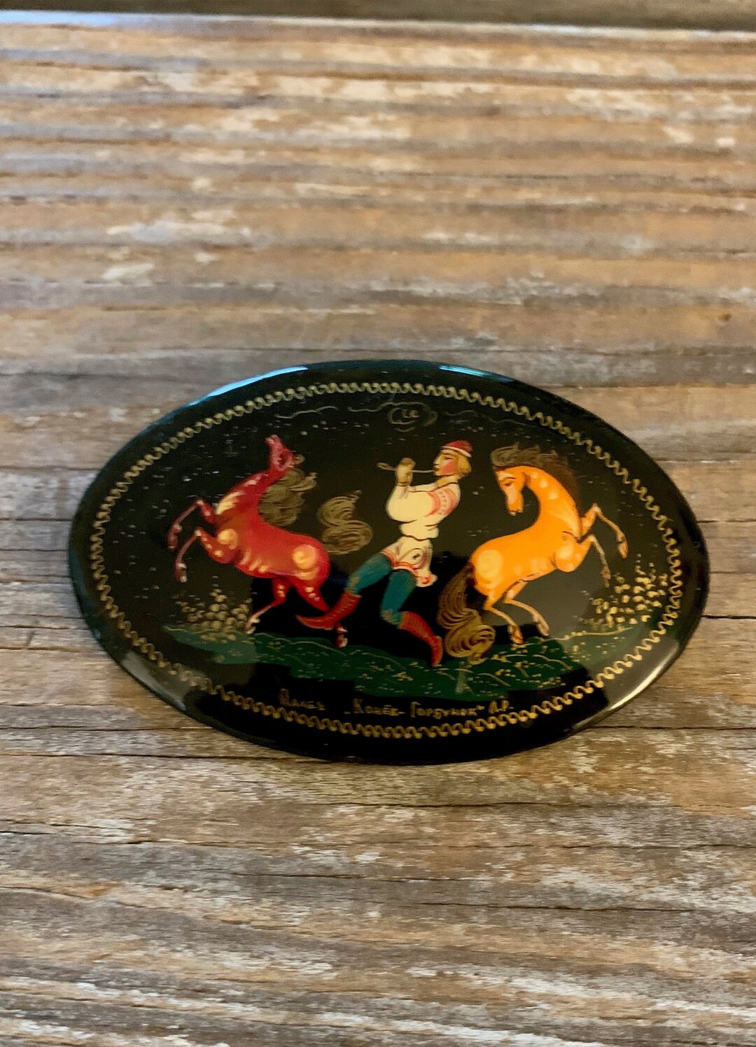 Signed Russian Black Lacquer Folk Art Brooch Gorgeous Vintage Hand ...