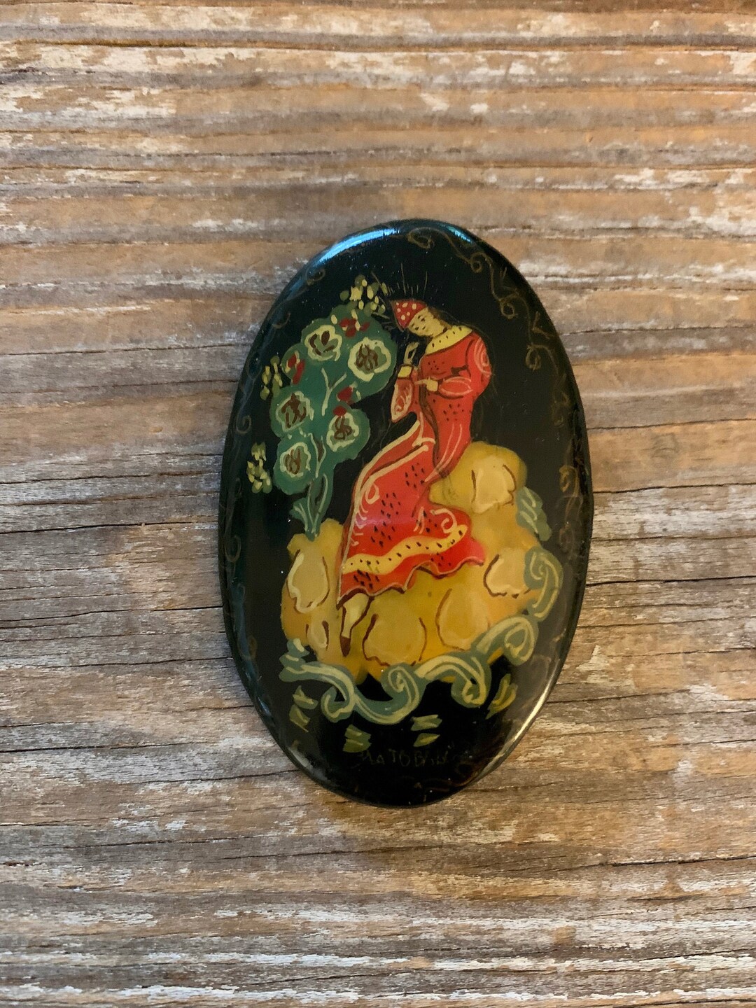 Stunning Hand Painted Black Lacquer Russian Folk Art Brooch Vintage ...