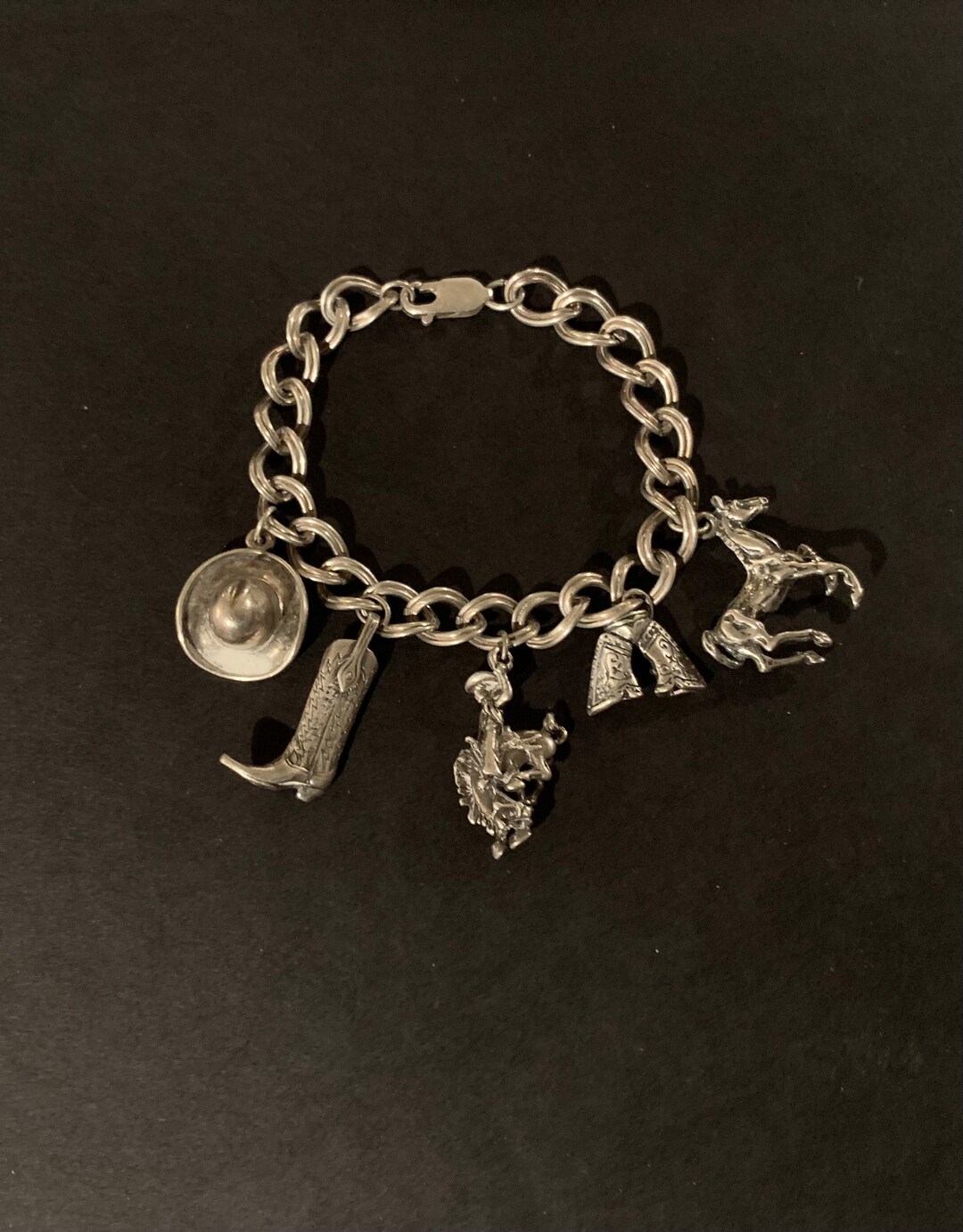 50s Sterling Silver Cowboy Western Rodeo Charms Bracelet Curvy Doubled ...