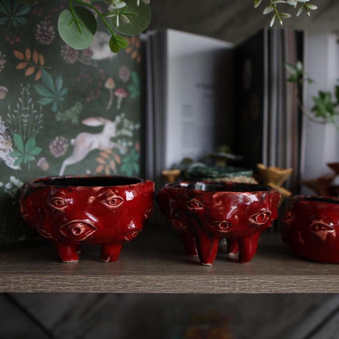 Ceramic Red Piala With Eyes, Ceramic Dark Red Bowl With Eyes, Ceramic ...