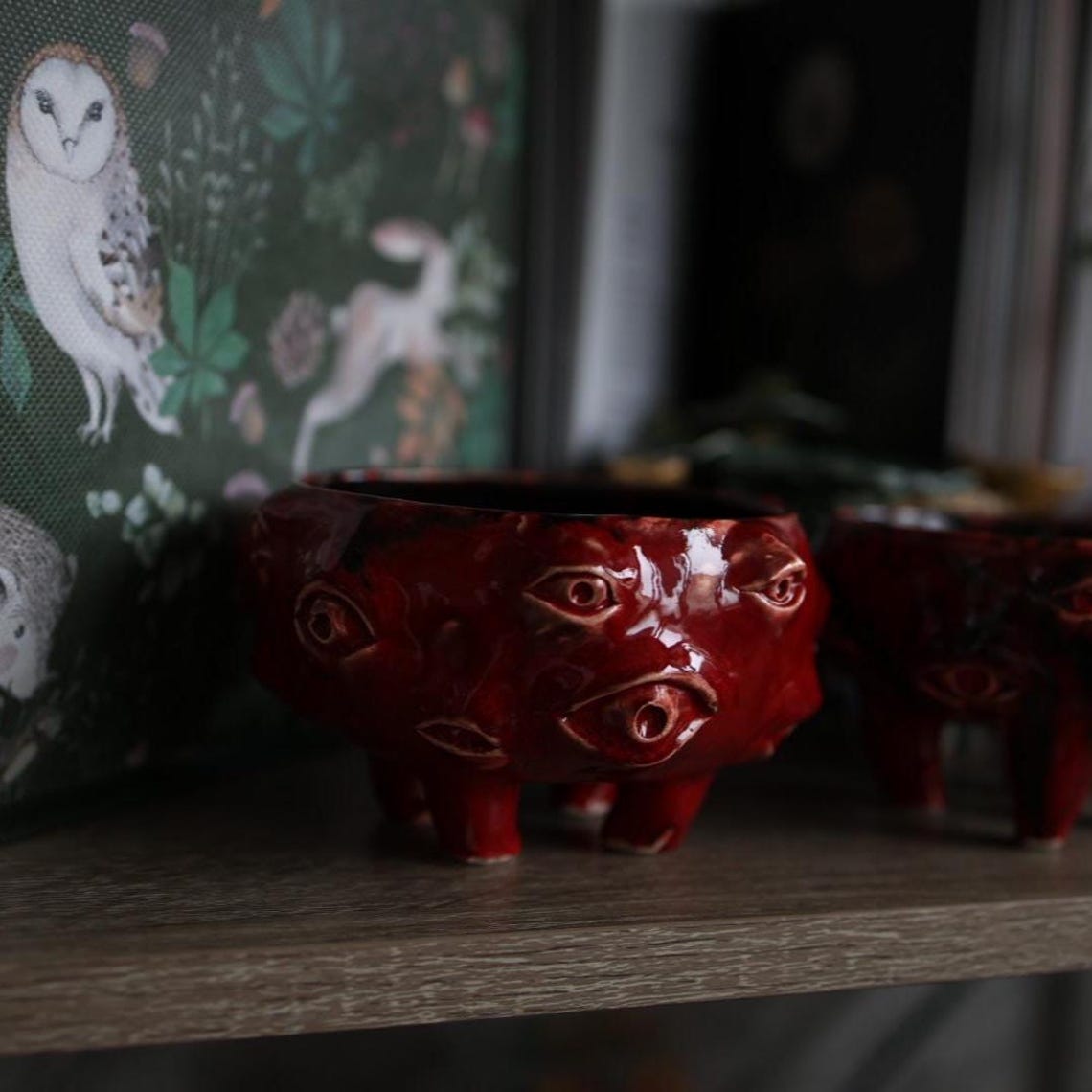 Ceramic Red Piala With Eyes, Ceramic Dark Red Bowl With Eyes, Ceramic ...