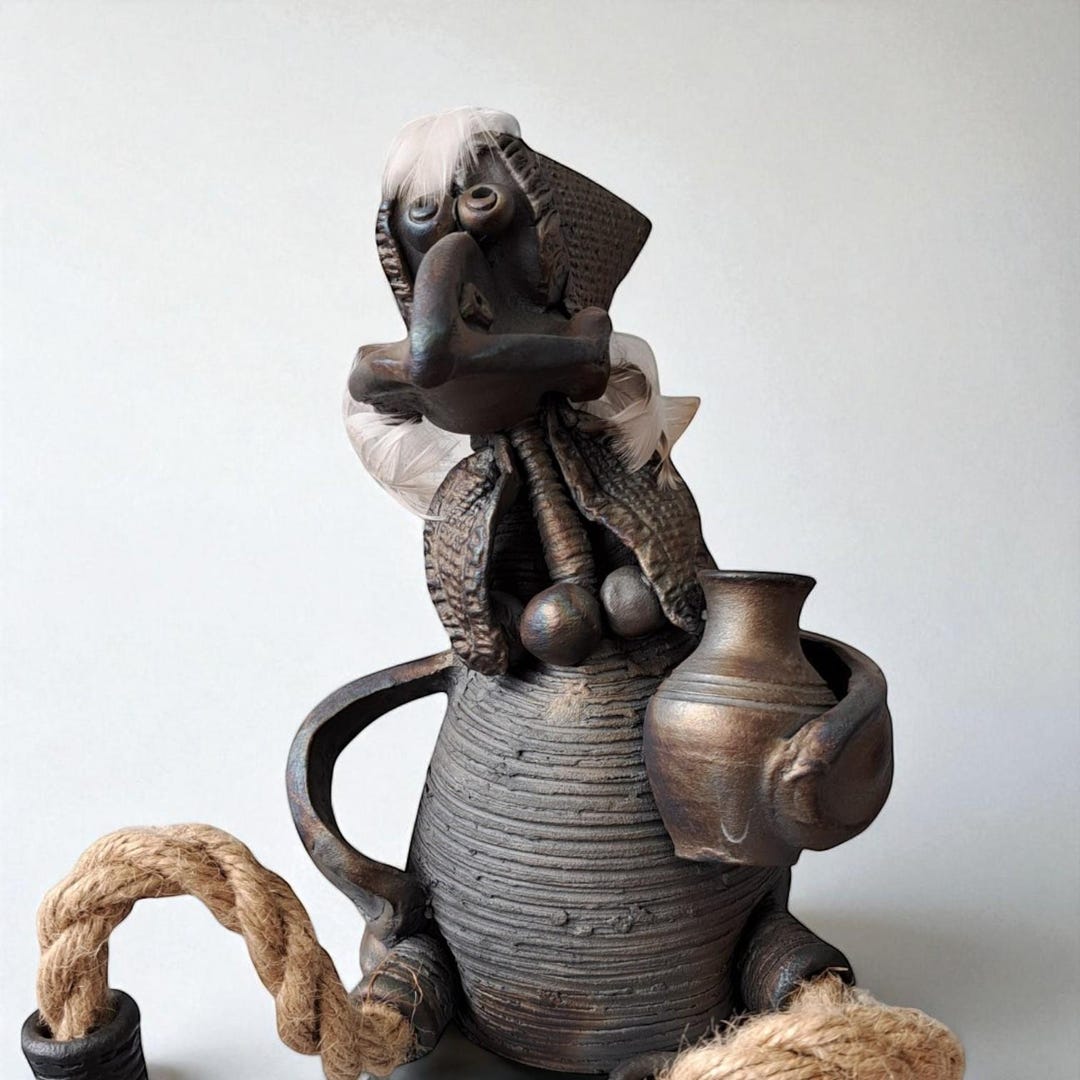 Adorable Ceramic Crow With Jug, Bird Figurine, Ceramic Bird, Garden ...