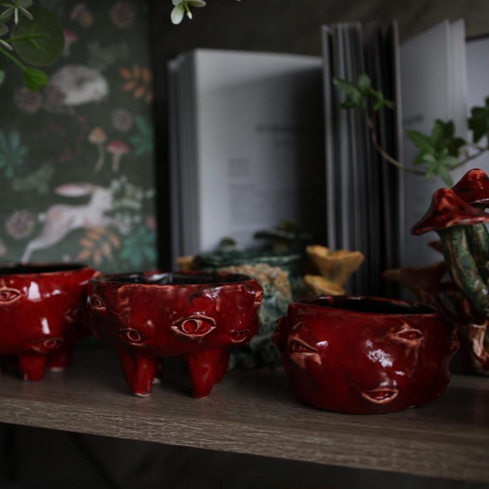 Ceramic Red Piala With Eyes, Ceramic Dark Red Bowl With Eyes, Ceramic ...
