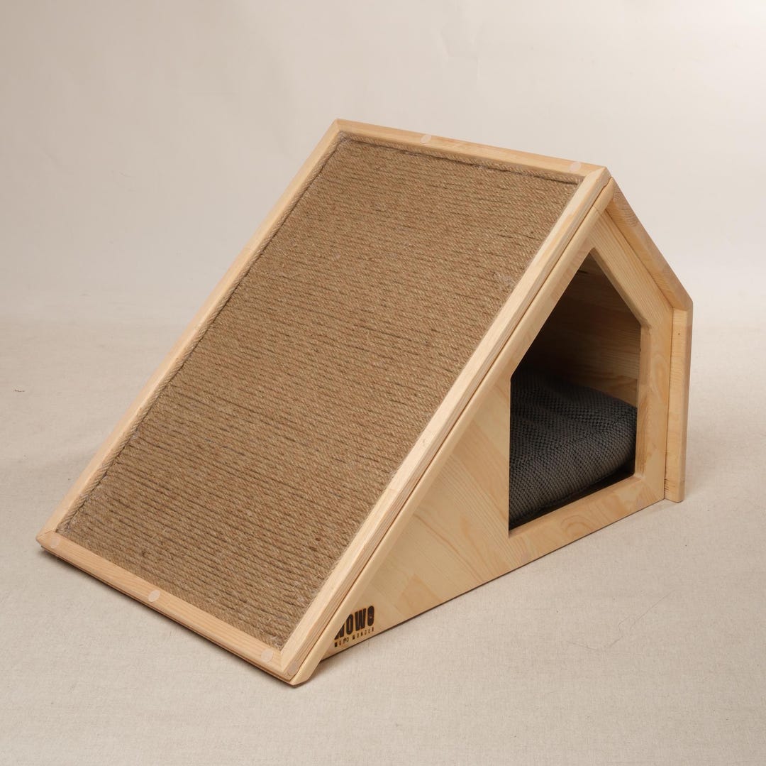 Modern Wooden Cat House, Raised Cat Shelter With Scratching Post ...