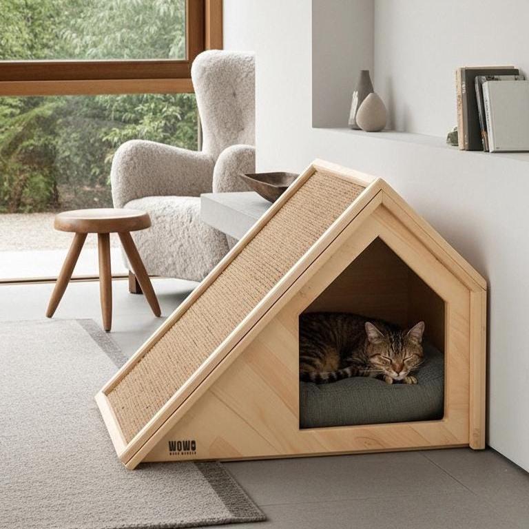 Modern Wooden Cat House With Scratching Roof – Handmade Indoor Pet Bed ...