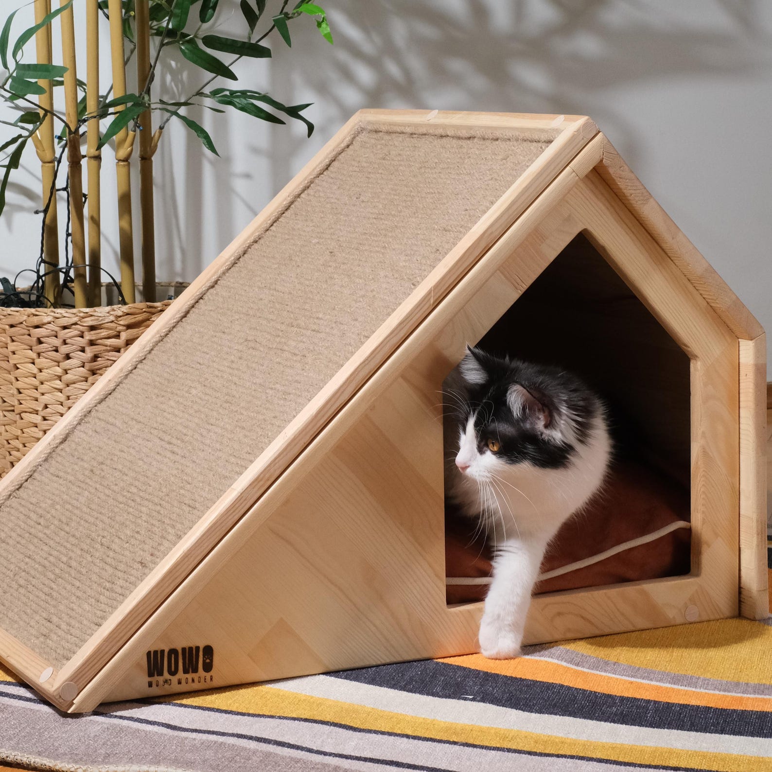 Modern Wooden Cat House With Scratching Roof – Handmade Indoor Pet Bed ...