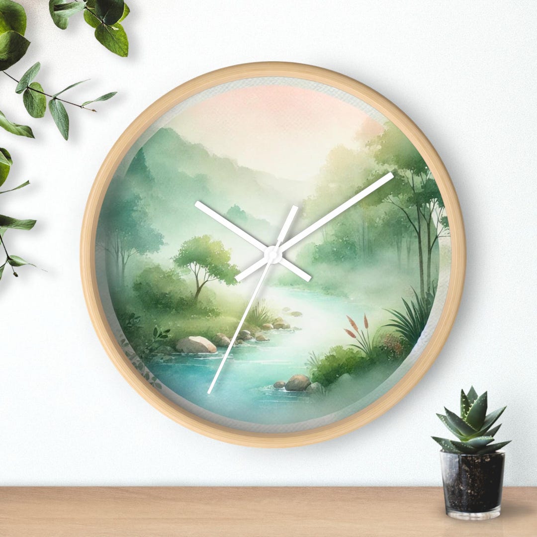 Nature Clock Serene Nature Wall Clock With Watercolor Forest and Stream ...