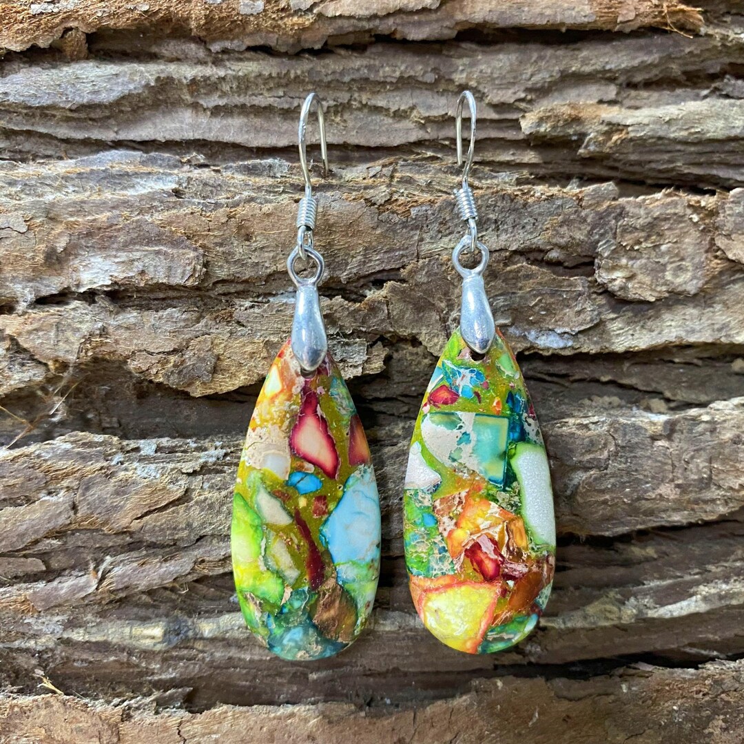 Colorful Natural Stone Earrings - Sea Sediment Teardrop Drop - Boho ...