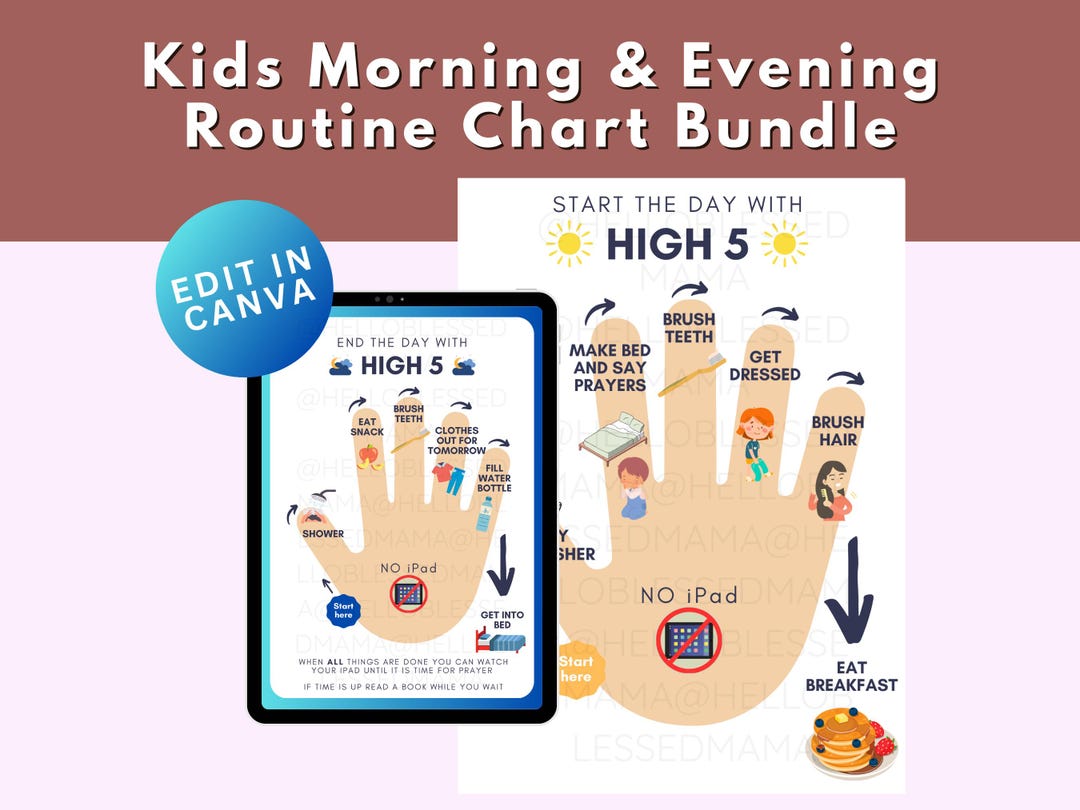 Kids Morning & Evening Routine Chart Bundle- Printable Hand Chart for ...