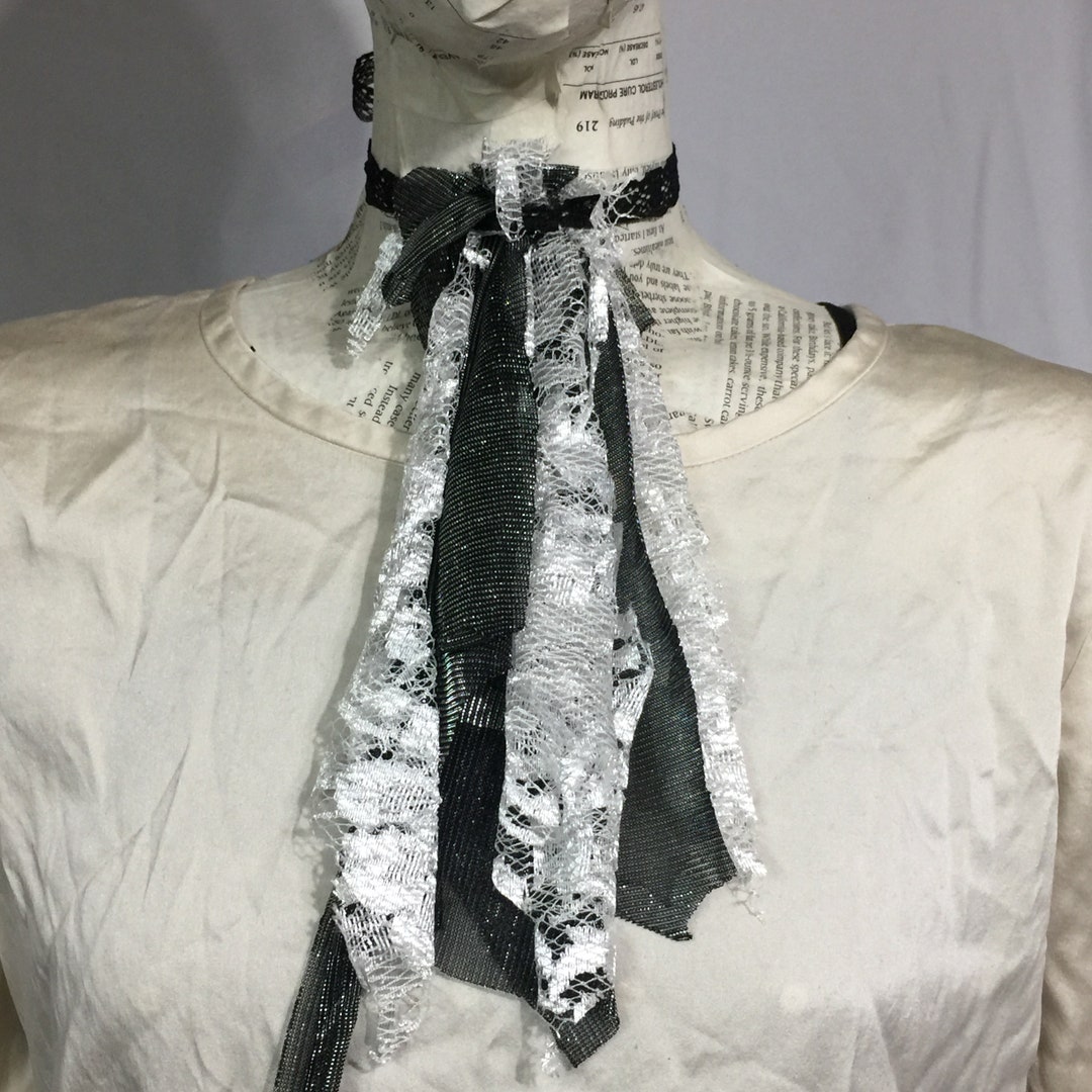 Gothic Jabot, Drape, Tattered Neck Tie, Black Silver With Cream Lace ...