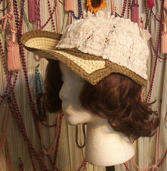 4723 Awesome Ooak Straw Boho Ball Cap Covered With Lace | Etsy