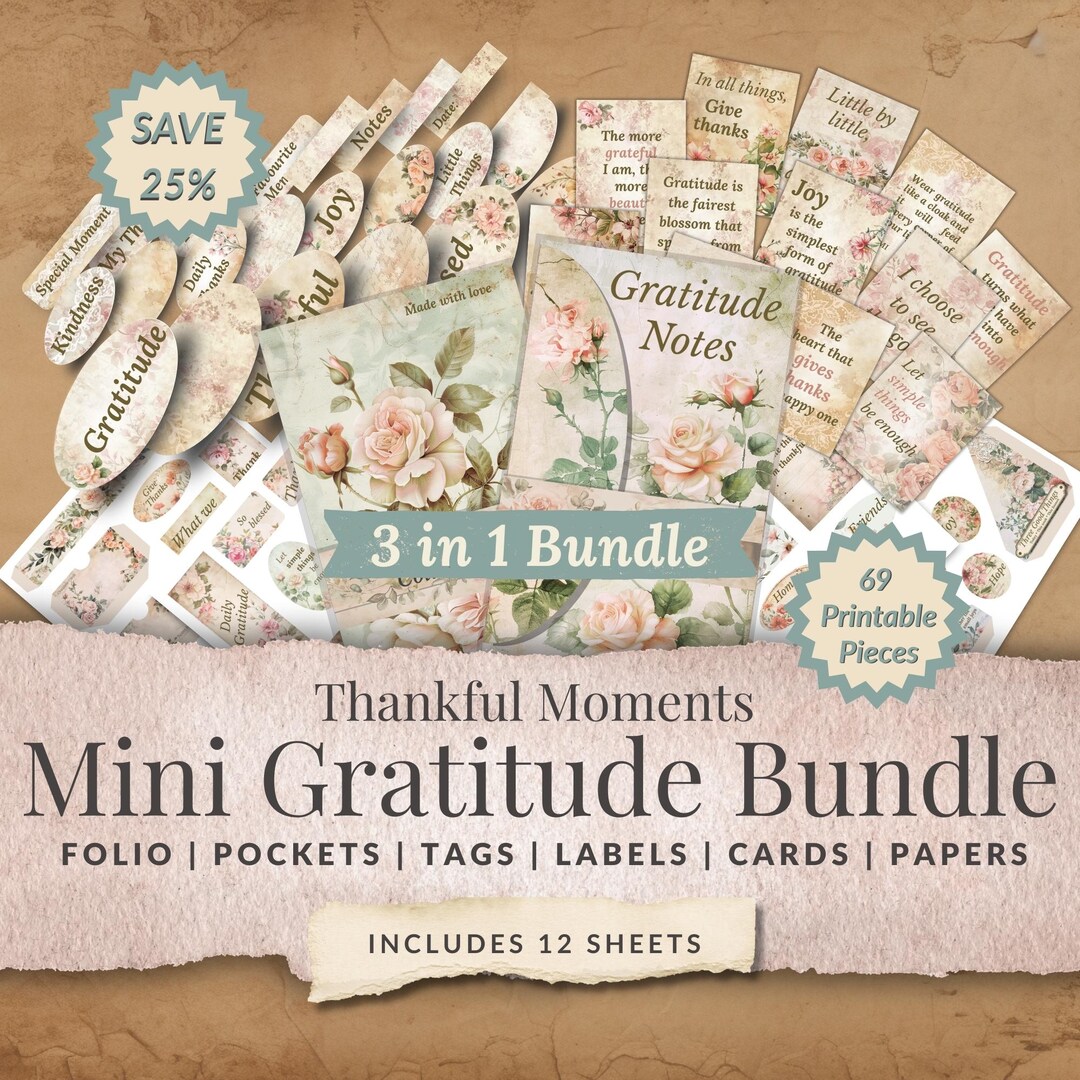 Mini Gratitude Bundle Printable – Vintage Junk Journal Folio, Quote ...