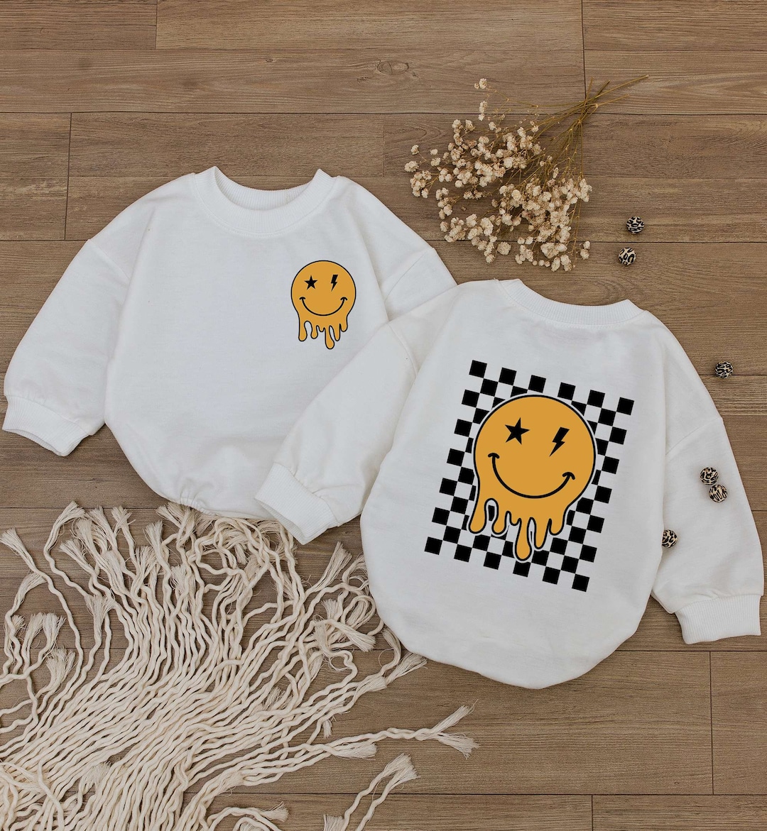 Smiley Face Baby Romper, Happy Face Bodysuit, Checkered Sweatshirt Kid ...