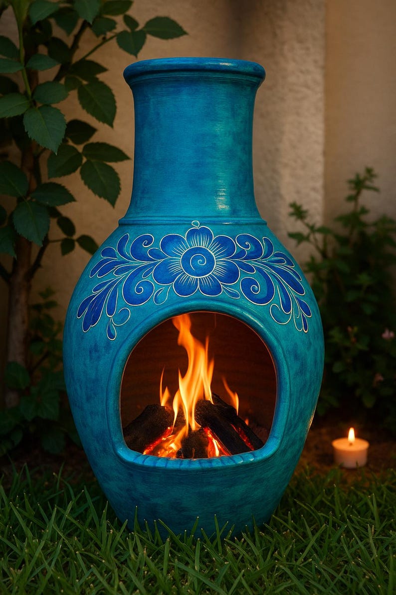 Blue Mexican Clay Chiminea – Hand-painted Fireplace for Garden or ...