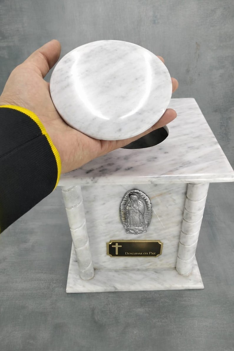 White Marble Cremation Urn for Ashes – Virgin of Guadalupe Funeral Urn ...