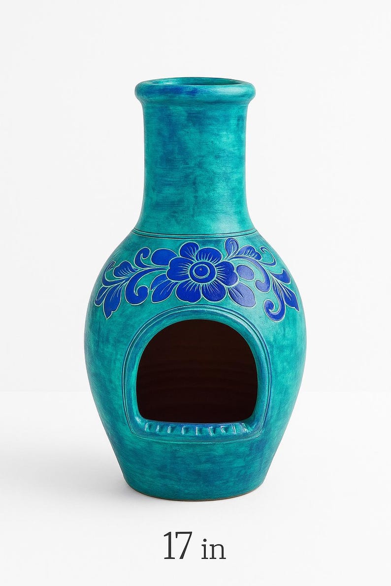 Hand-painted Turquoise Ceramic Chiminea – 17” X 12” Mexican Outdoor ...