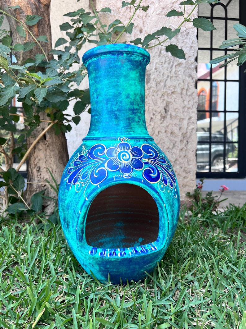 Blue Mexican Clay Chiminea – Hand-painted Fireplace for Garden or ...