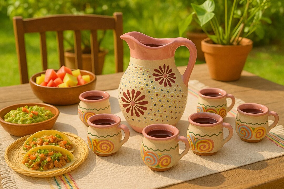 Mexican Ceramic Pitcher Set With 6 Matching Mugs – Hand Painted Pottery ...